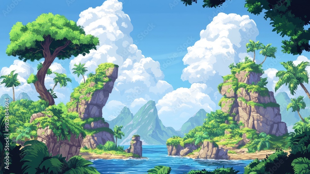 Fantasy island background for a 2D arcade game, complete with towering ...
