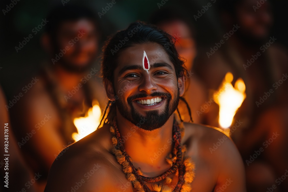 Smiling Young Sadhu with Spiritual Mark During Fire Ritual in ...