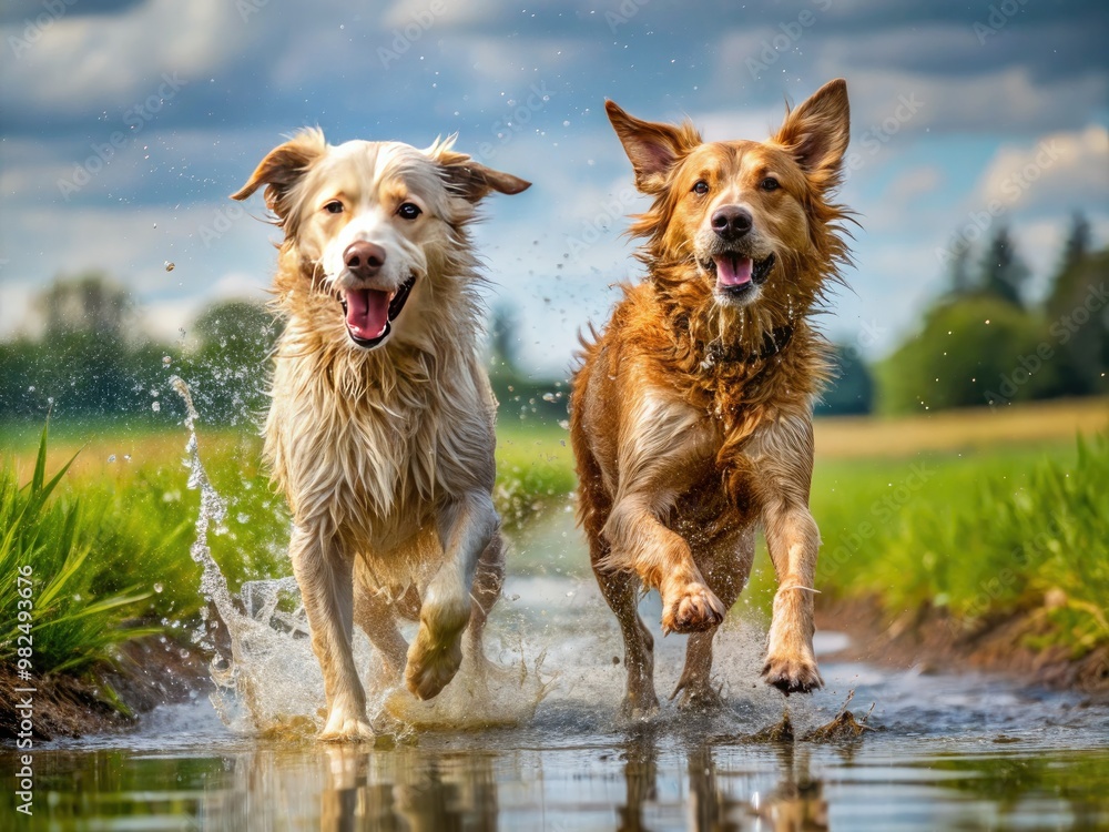 Two soggy canines, covered in mud, splash and shake off excess water in ...