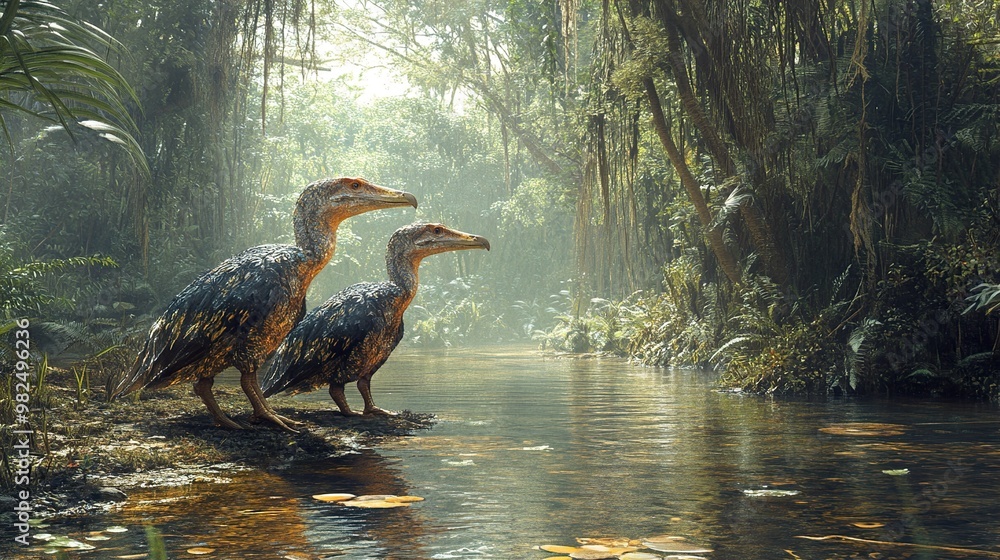 Ancient Birds by the River: A Digital Illustration of Extinct Pterosaur ...