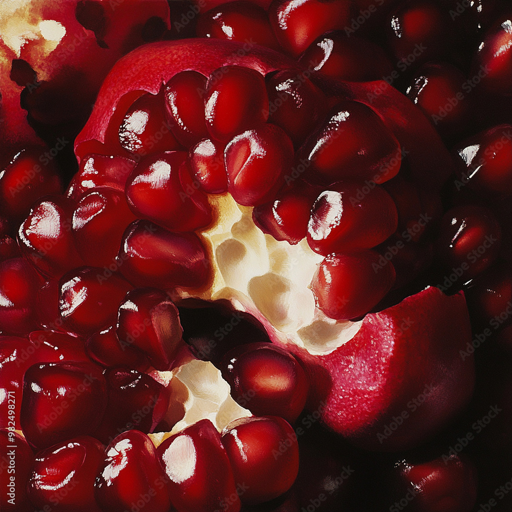 A bunch of ripe pomegranate seeds, bright ruby red and juicy, densely ...