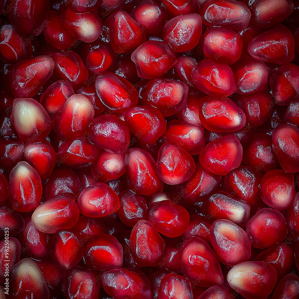 A bunch of ripe pomegranate seeds, bright ruby red and juicy, densely ...