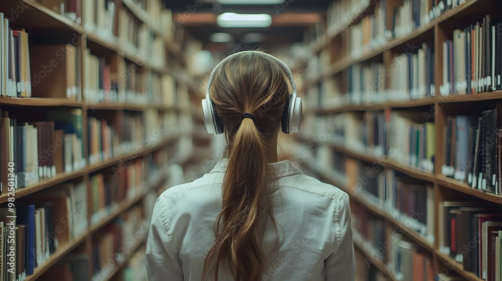 A library aisle perspective captures towering bookshelves and a woman ...