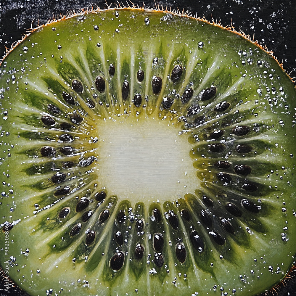 A green kiwi fruit in cross section with a white core in the center ...