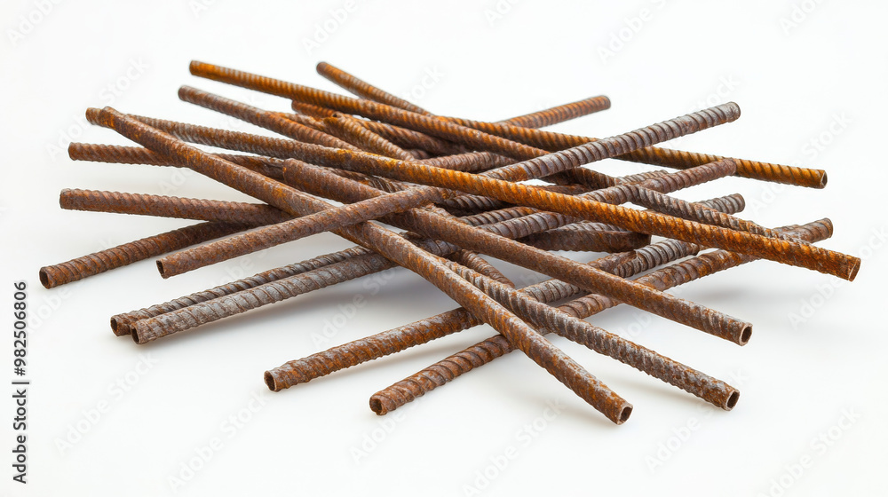 A scattered pile of rusted steel rebar rods, displaying their textured ...