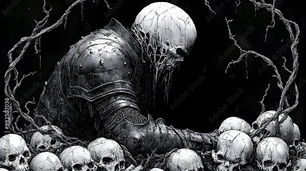 Undead Knight Encircled by Skulls and Twisted Branches in Grim Gothic ...