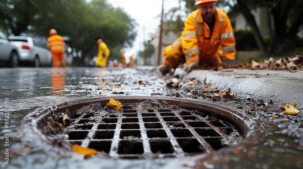 Workers clearing leaves from street drainage after heavy rain. Drain ...
