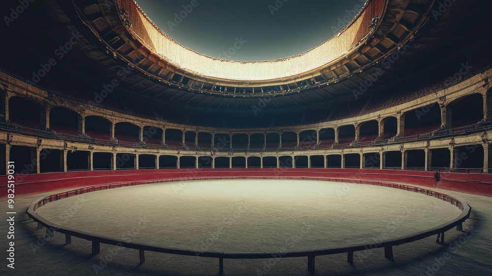 The round arena of a Spanish bullring, empty and serene, capturing the ...
