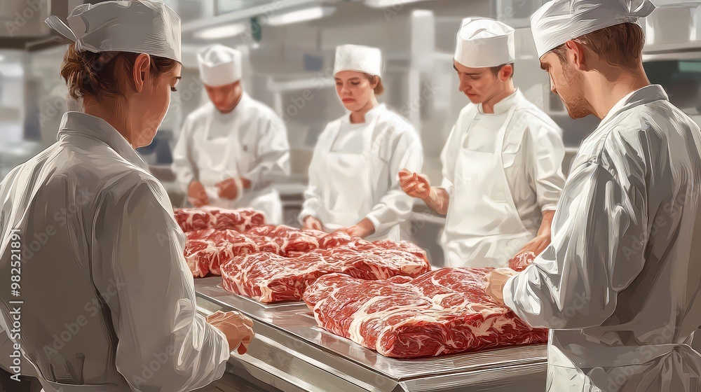 Group of chefs in white uniforms working together to prepare meat cuts ...