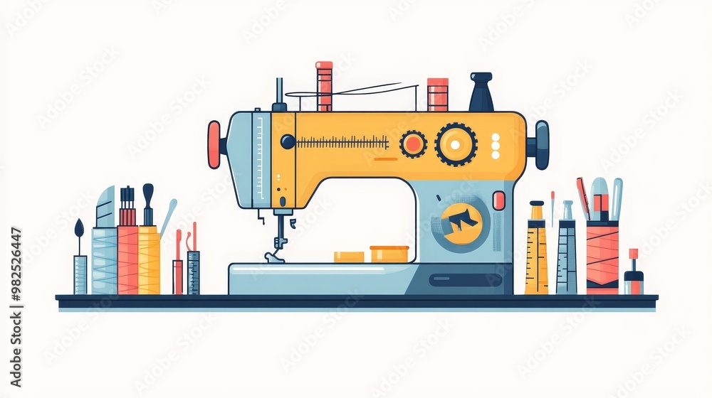 ภาพประกอบสต็อก Modern sewing machines are placed side by side with ...