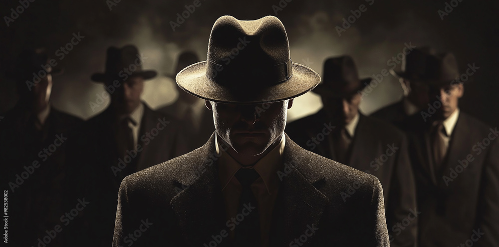Vintage style of a group representing the mafia stands in front, one ...