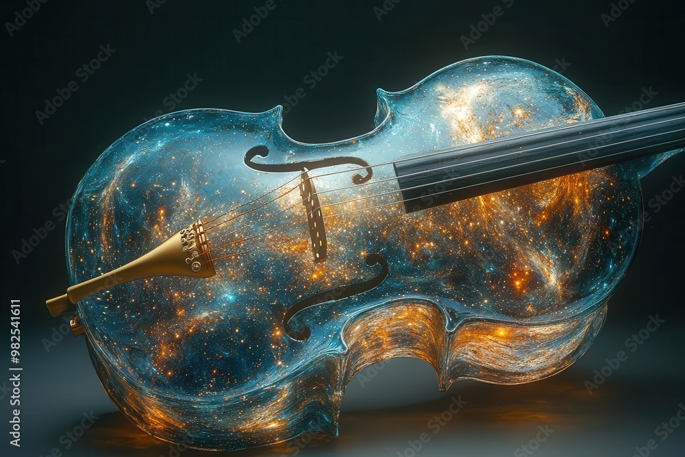 surreal transparent double bass filled with swirling galaxy stars and ...