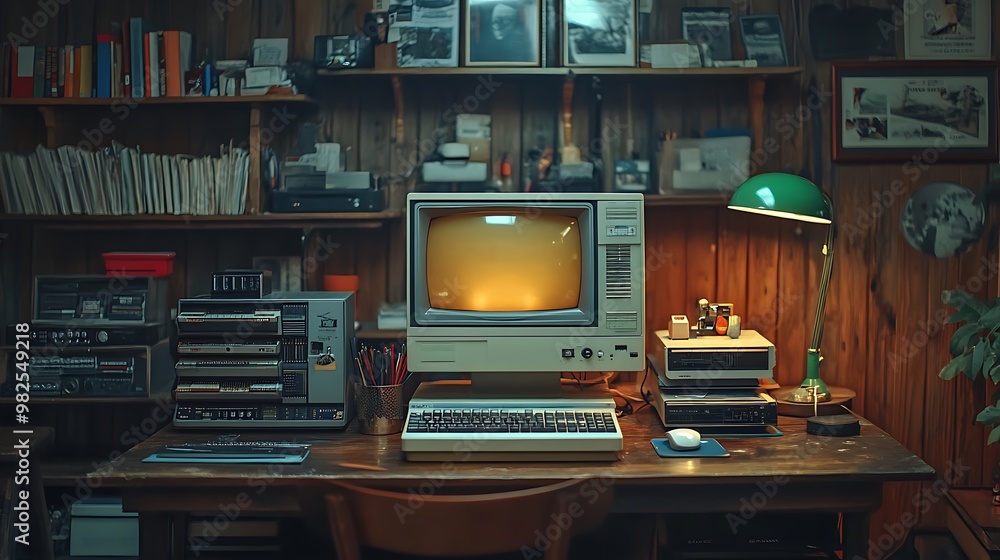 Retro computer setup with vintage monitor, keyboard, and cassette tape ...