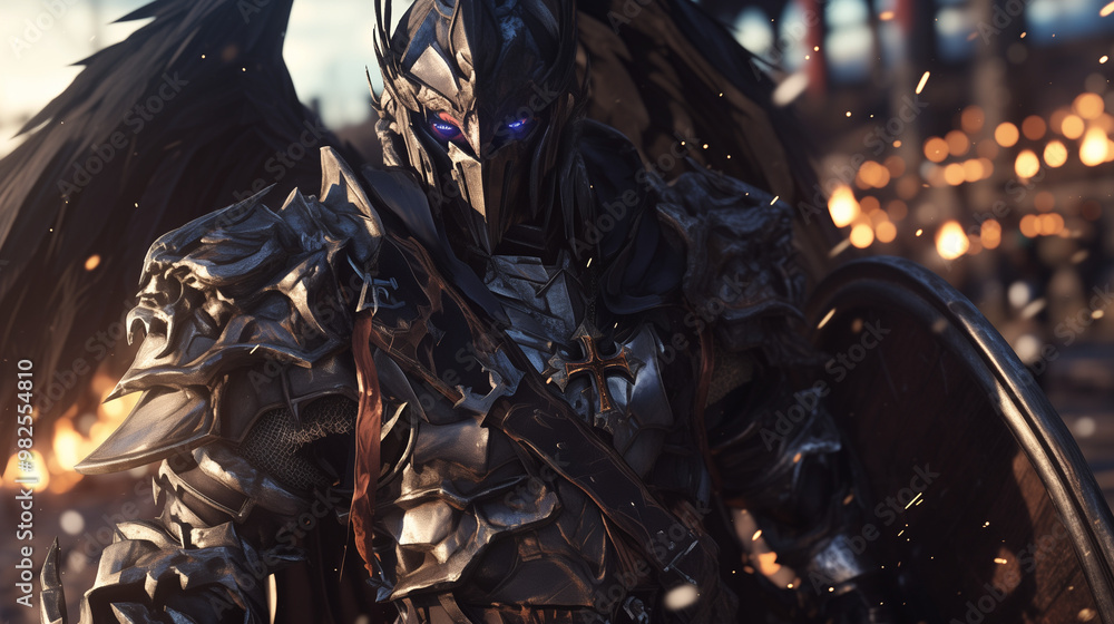 fearsome male angel in dark heavy armor with glowing purple eyes ...