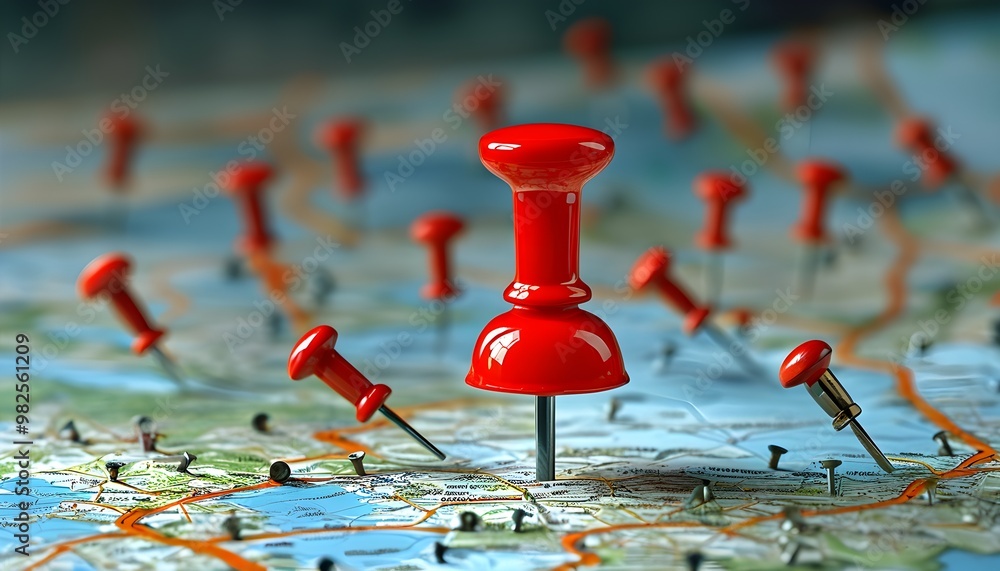 Interactive digital map featuring a bright red location pin alongside ...