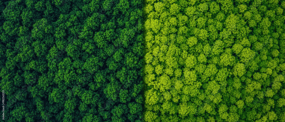 Forest transitioning from lush green to dry desert, illustrating ...