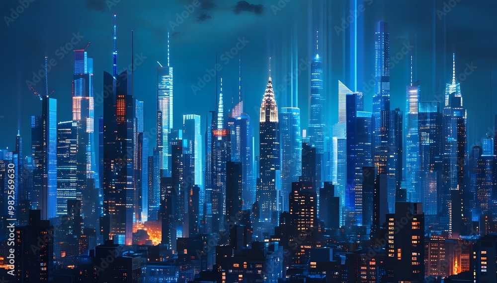 Vibrant digital skyline with illuminated skyscrapers in blue tones ...