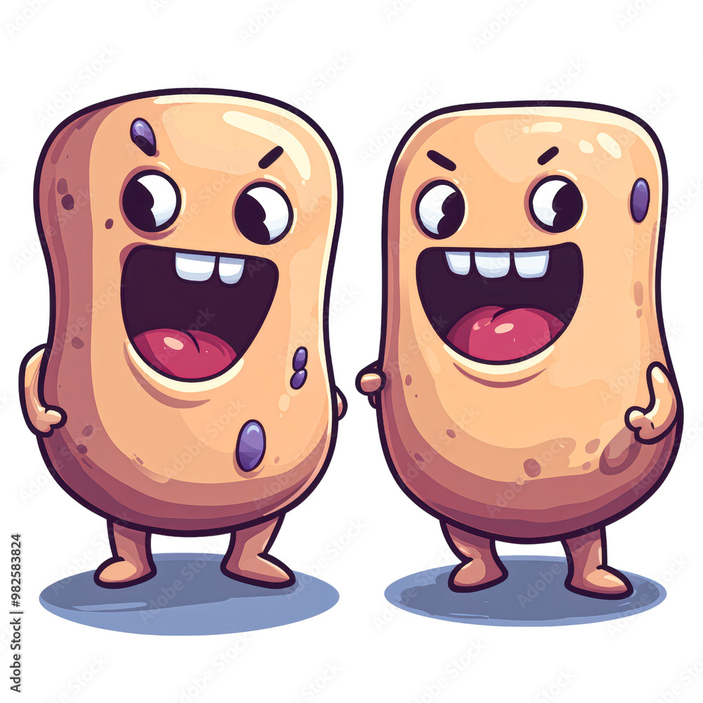 Two cartoon potatoes with expressive faces are joyfully interacting ...