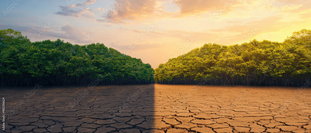 Forest transitioning from lush green to dry desert, illustrating ...