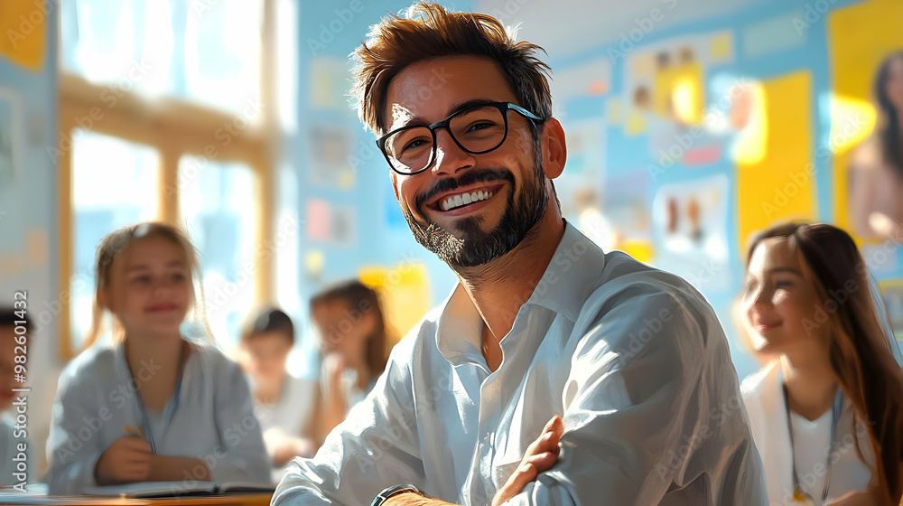A smiling teacher engages with students in a bright classroom ...