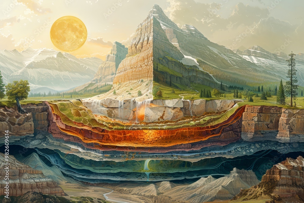 Artistic landscape depicting a mountain's cross-section with exposed ...