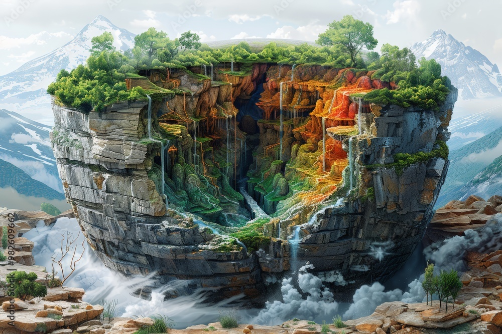 Cross-sectional view of a floating landmass revealing vibrant ...