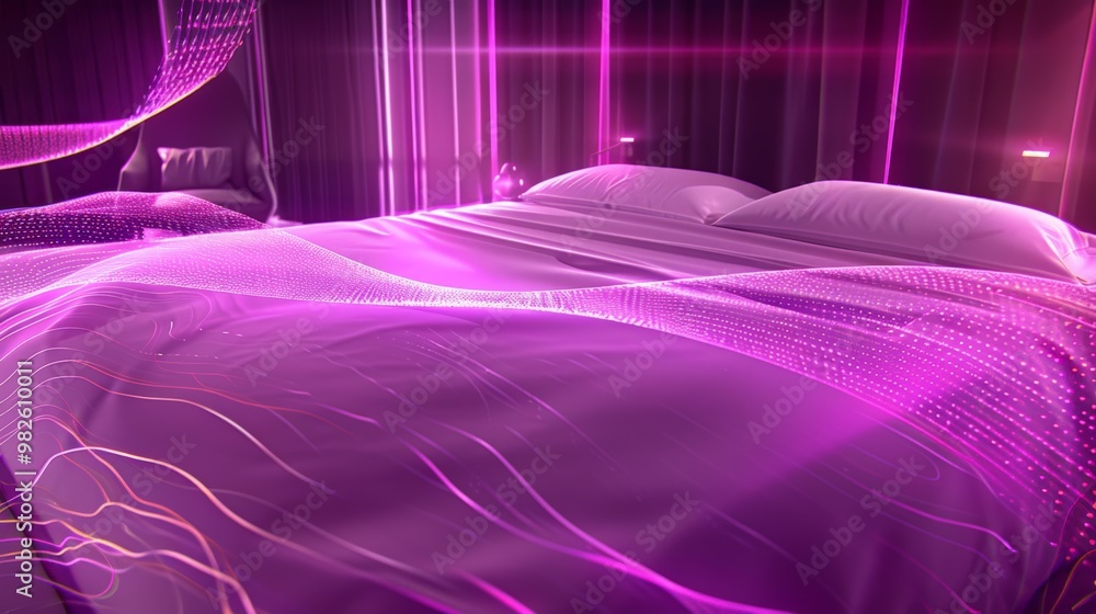 Futuristic cozy bed with glowing holographic waves of energy flowing ...