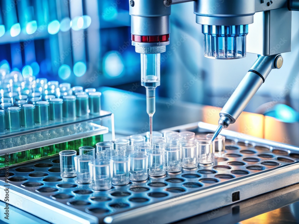 Highly detailed close-up of a pipetting robot's mechanized arm ...