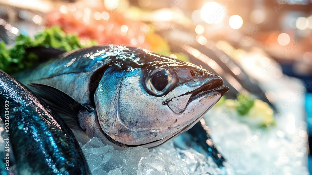 A fresh tuna displayed on a seafood market stall with a bright, clear ...