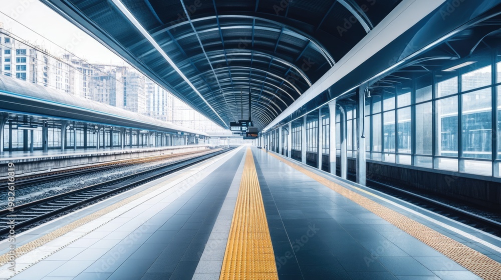A modern railway station with sleek design and an empty platform. The ...