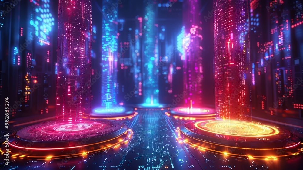 Futuristic holograms and podiums with 3D mobile phones. Abstract ...