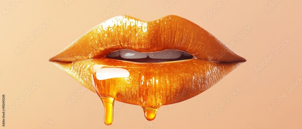Glossy lips highlighted with golden honey dripping down, capturing a ...