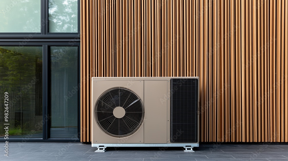 Modern air conditioning unit installed outside a contemporary house ...
