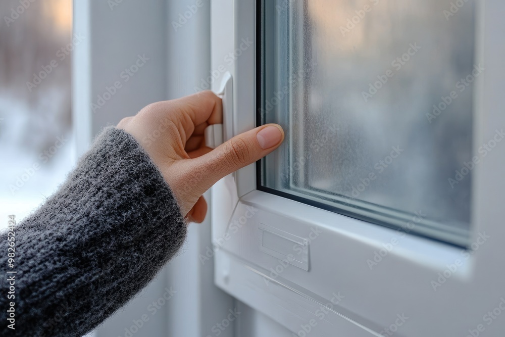 Hand opens window latch. This image shows a hand reaching out to open a ...