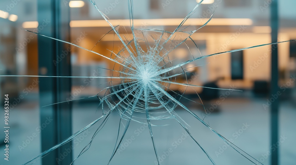 Close-up of a cracked glass window with a spiderweb pattern of ...