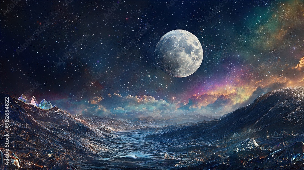 A stunning, surreal nighttime landscape featuring a vast, rocky terrain ...