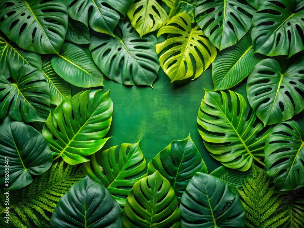 Vibrant jungle setting with scattered monstera leaves on a bold green canvas awaiting ...