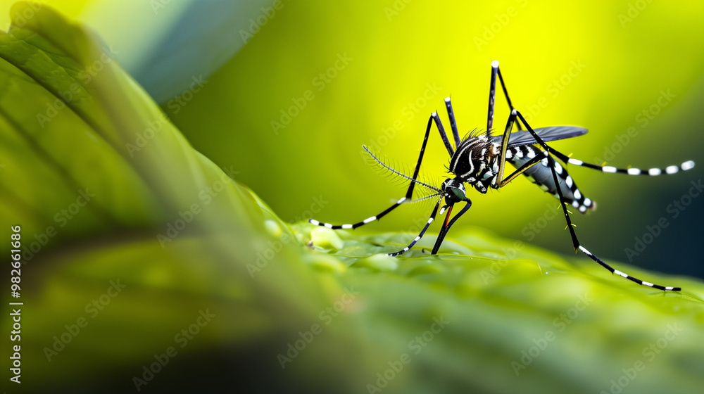 Mosquito resting on leaf in tropical forest, symbolic of dengue fever ...