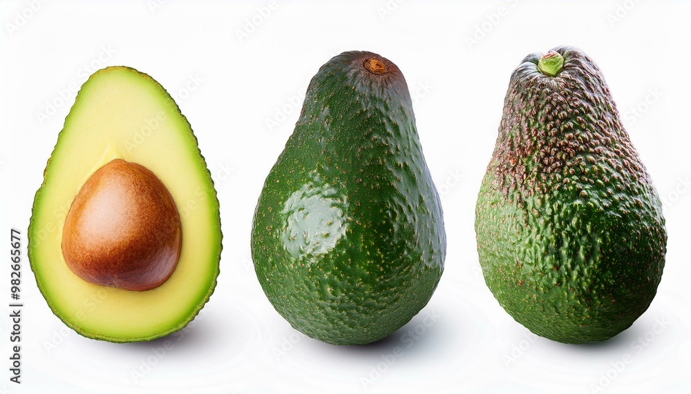 Green avocado avocados, many angles and view side top front sliced ...