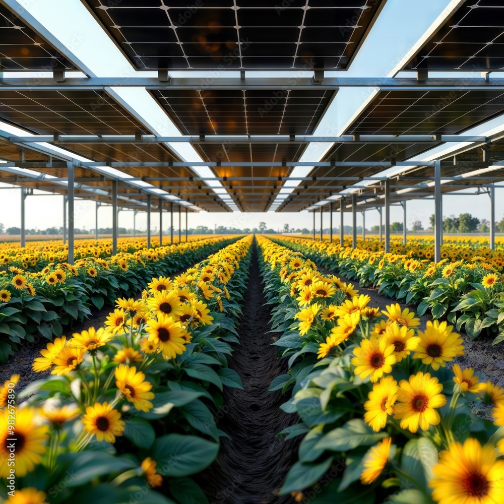 Agrivoltaic sunflower field. Vast sunflower field beneath elevated ...