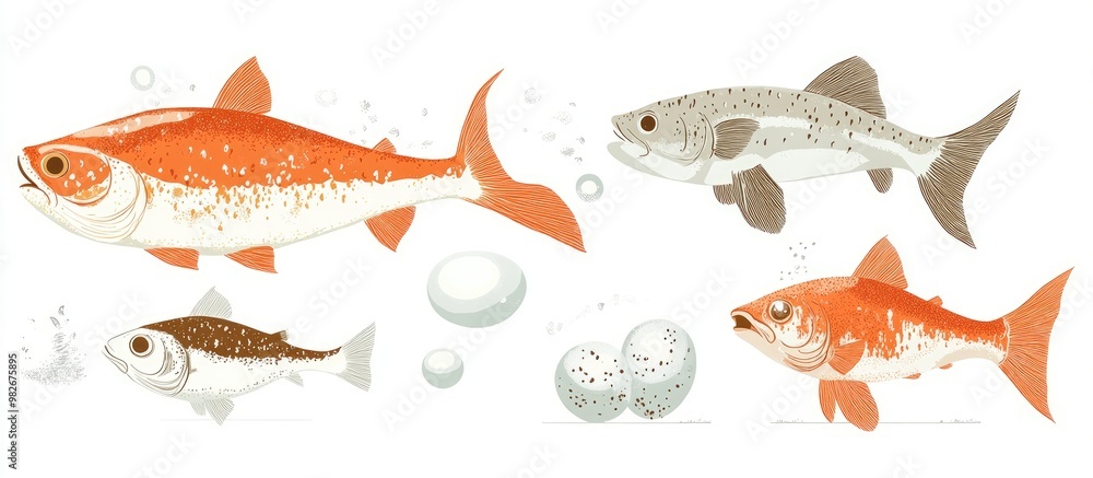Developmental stages of fish illustrating the life cycle from egg roe ...