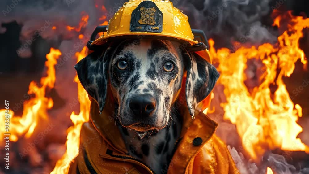 Dog dressed as firefighter portrait, cute animal wearing fireman ...