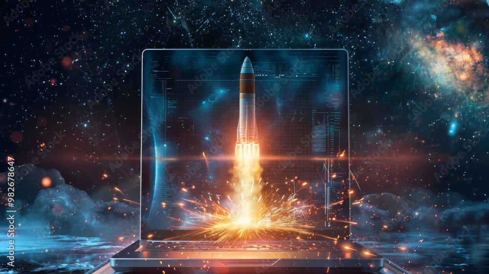 Launching space rocket from laptop screen, detailed view of rocket ...