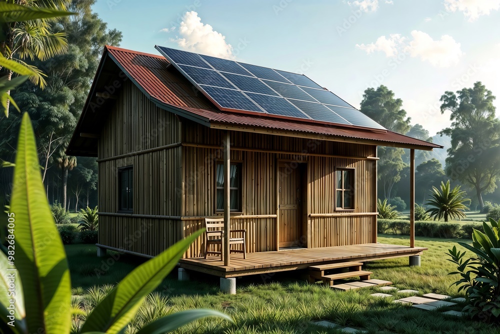 Bamboo Solar Cabin. Small bamboo house with solar panels on the roof ...