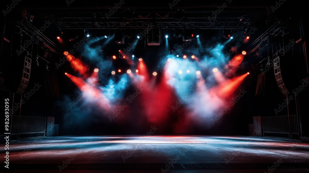 Empty stage with colorful lighting and fog effects in a dark venue ...