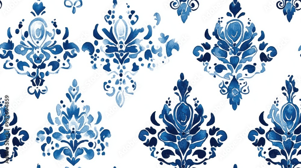 Trendy repeating pattern featuring various blue ornamental shapes on a ...