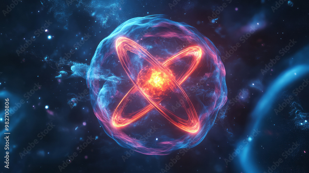 A scientific visualization of an atom in a cloud model, showing ...