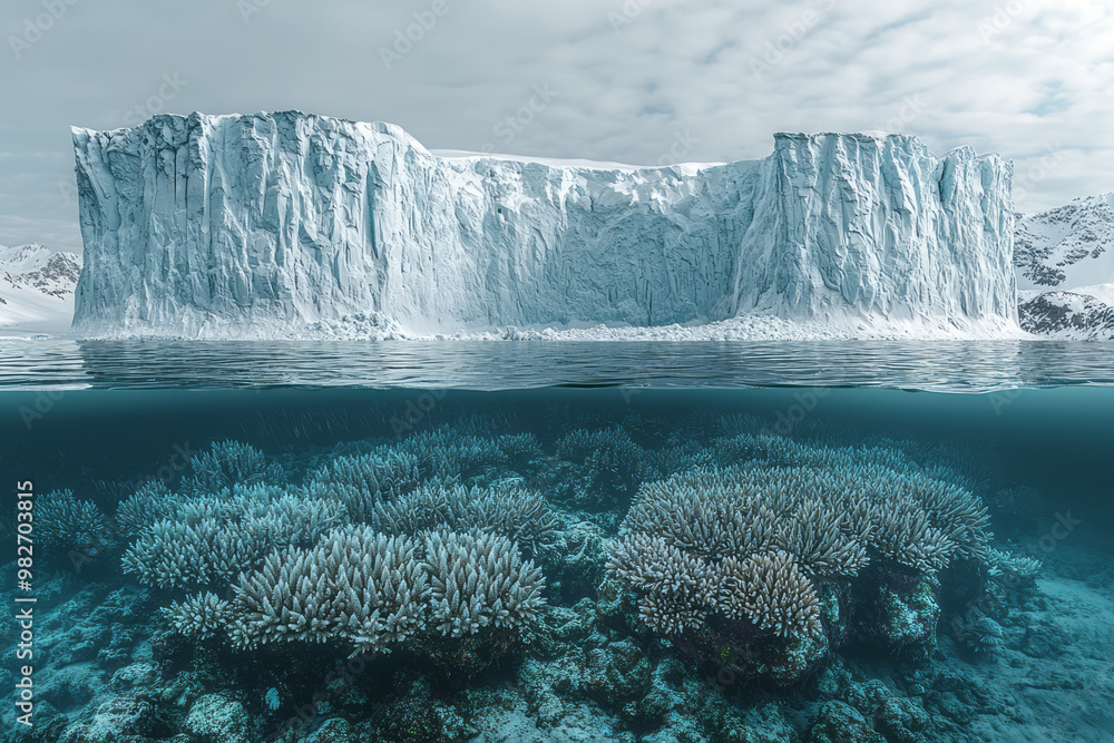 A glacier melting into the ocean, with underwater scenes showing coral ...