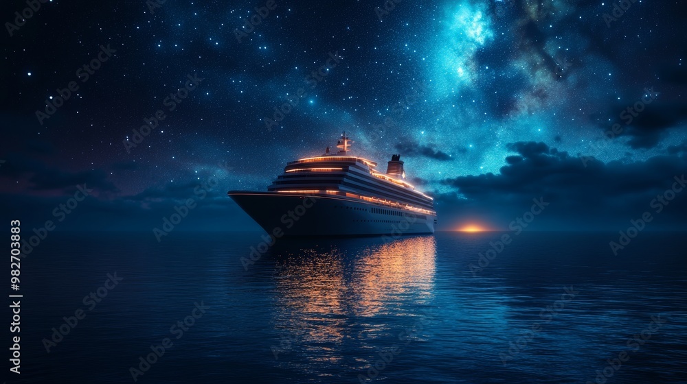 Massive cruise ship sailing through deep blue waters under a starry ...