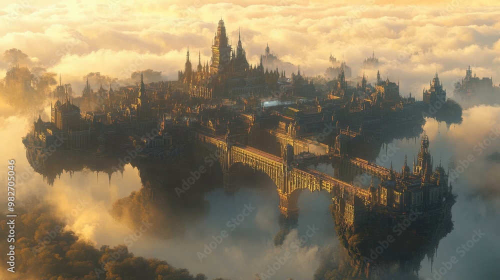 Floating islands connected by bridges, adorned with grand castles and ...